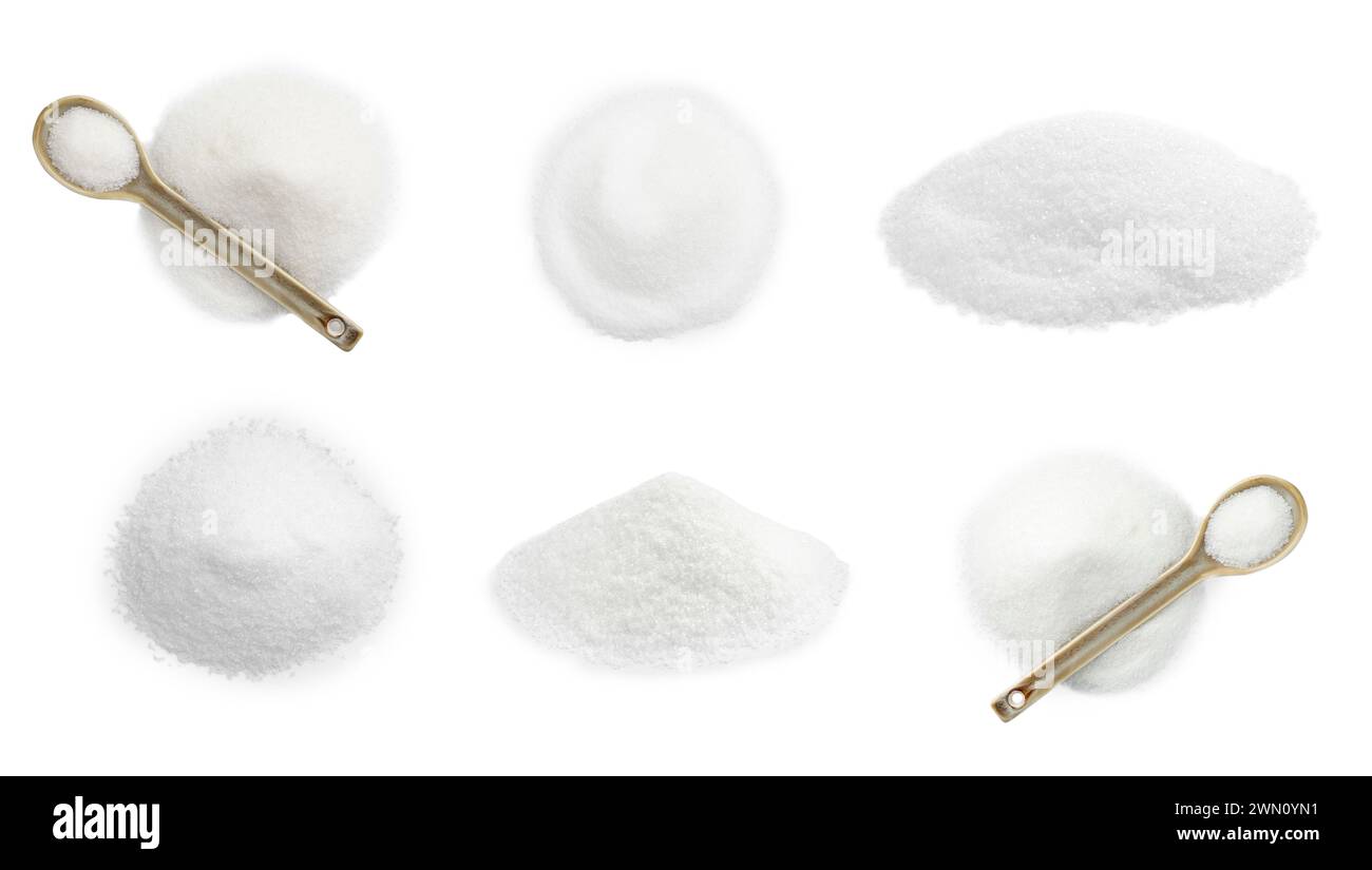 White granulated sugar isolated on white, set Stock Photo - Alamy