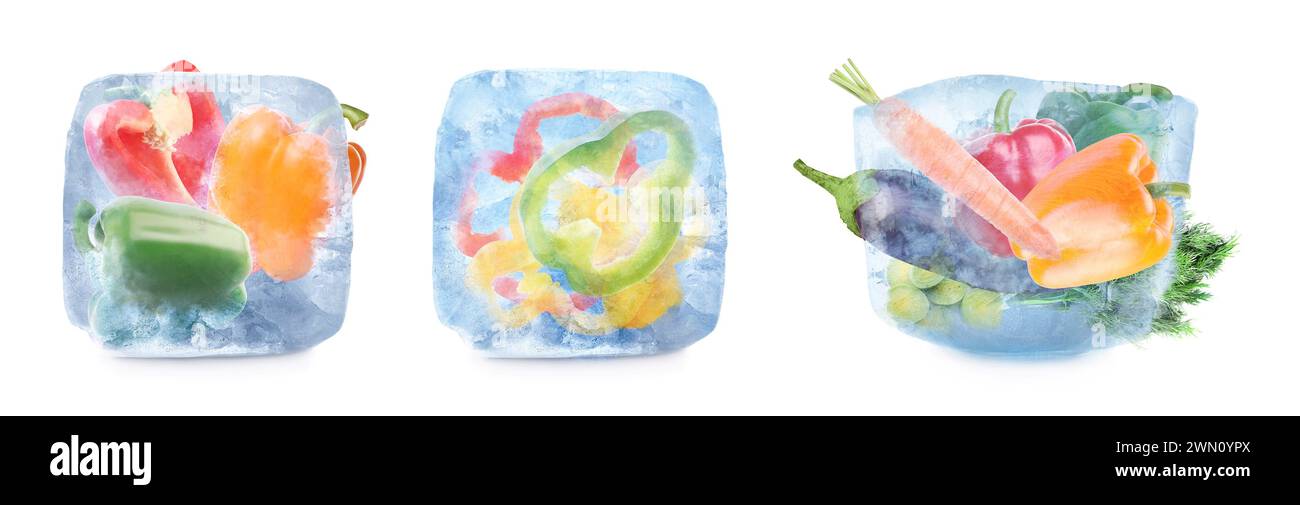 Frozen food. Different vegetables in ice cubes isolated on white, set ...