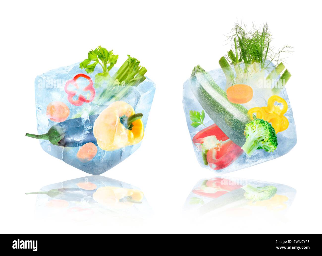 Frozen food. Different vegetables in ice cubes in air on white ...