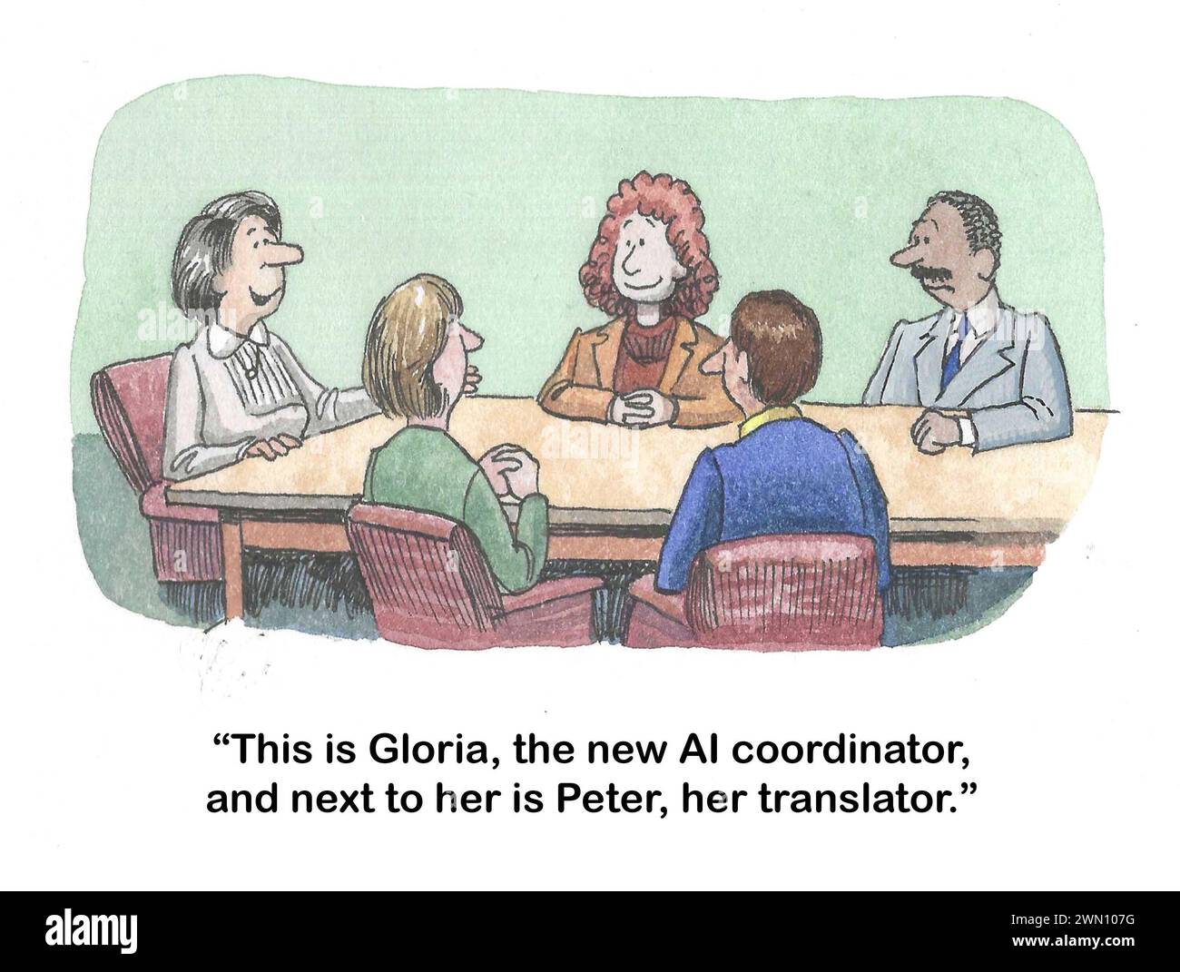 Color cartoon of a professional meeting. The boss is introducing the ...