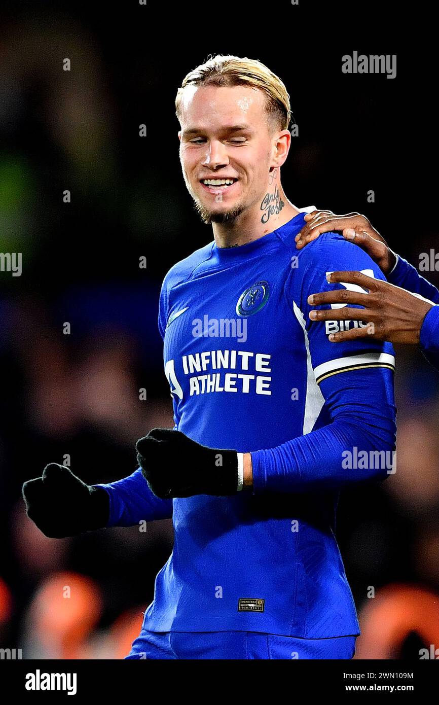 London, UK. 28th Feb, 2024. Mykhaylo Mudryk of Chelsea celebrates ...