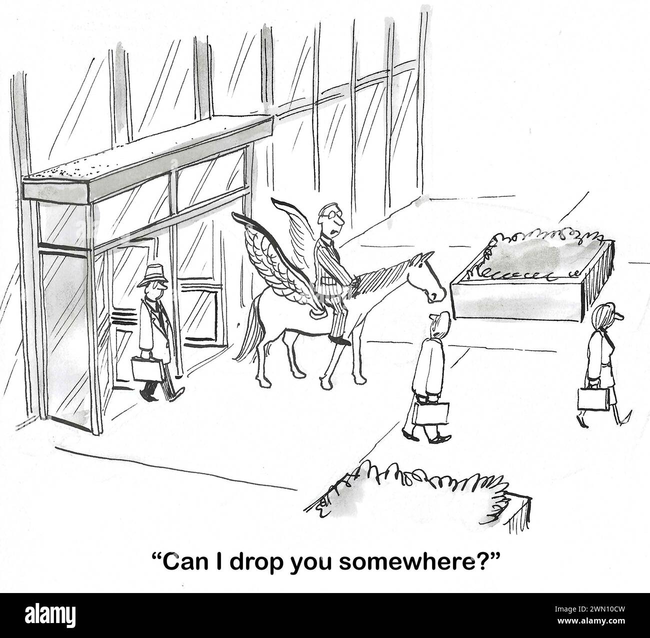 BW cartoon of a man leaving work and heading home on the Pegasys horse ...