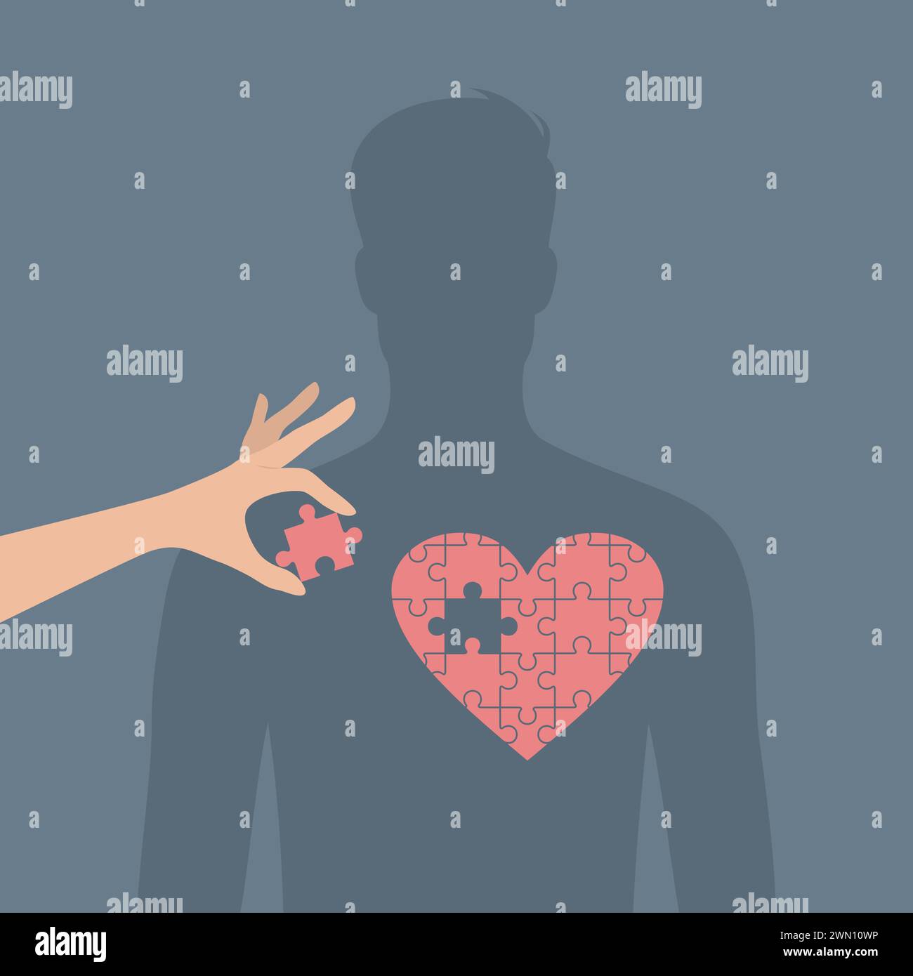 Male silhouette with puzzle heart and hand placing missing piece ...