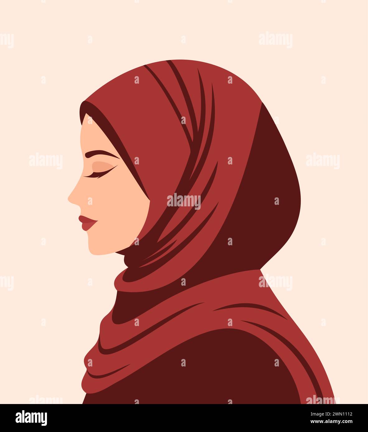 Portrait of young beautiful muslim woman in hijab, side view. Flat ...