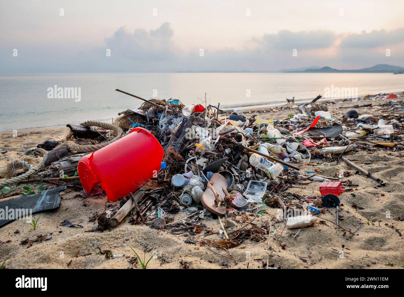 Koh Samui, Thailand - 19 January, 2024: A deserted beach, littered with ...