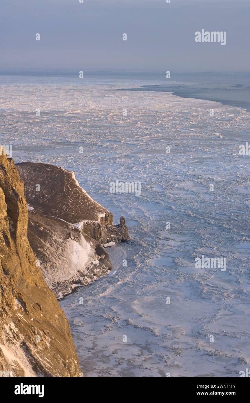 winter strange large open lead in march looking out at the Arctic ocean ...