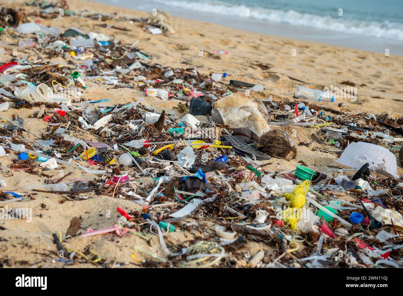 Koh Samui, Thailand - 19 January, 2024: A deserted beach, littered with ...