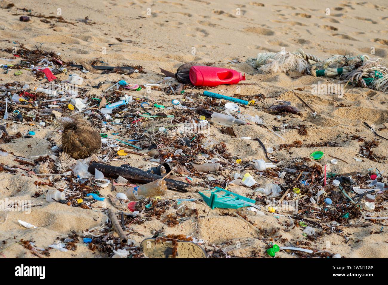 Koh Samui, Thailand - 19 January, 2024: A deserted beach, littered with ...