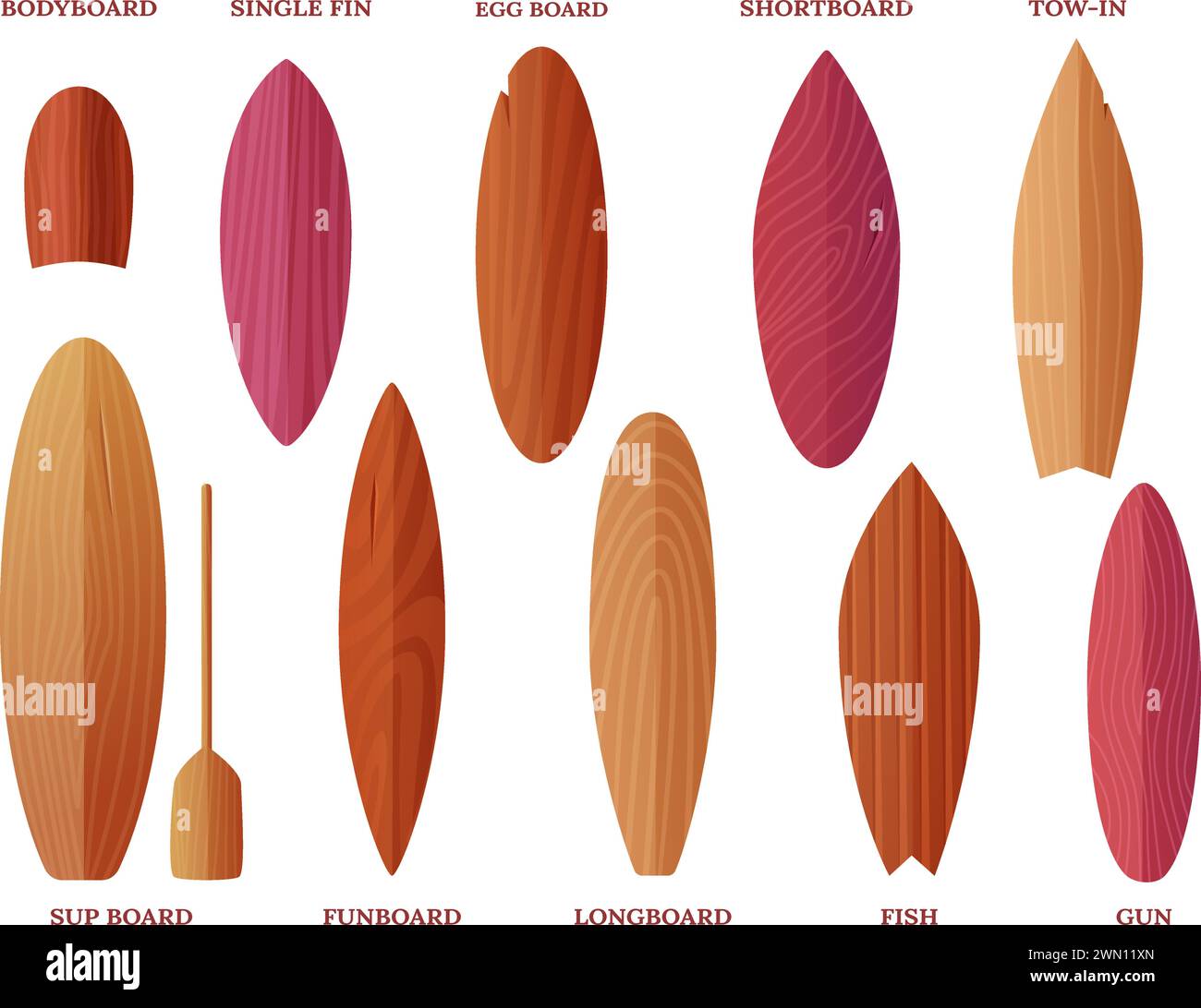 Surfing board wooden collection. Various surf boards types. Isolated ...