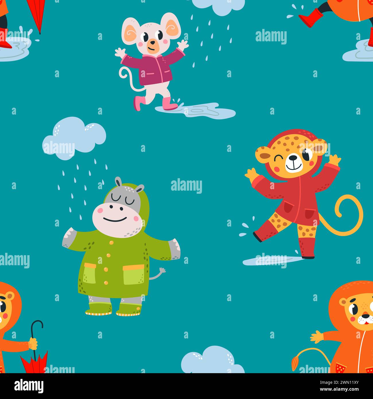 Rainy characters seamless pattern. Adorable animals in raincoats and ...