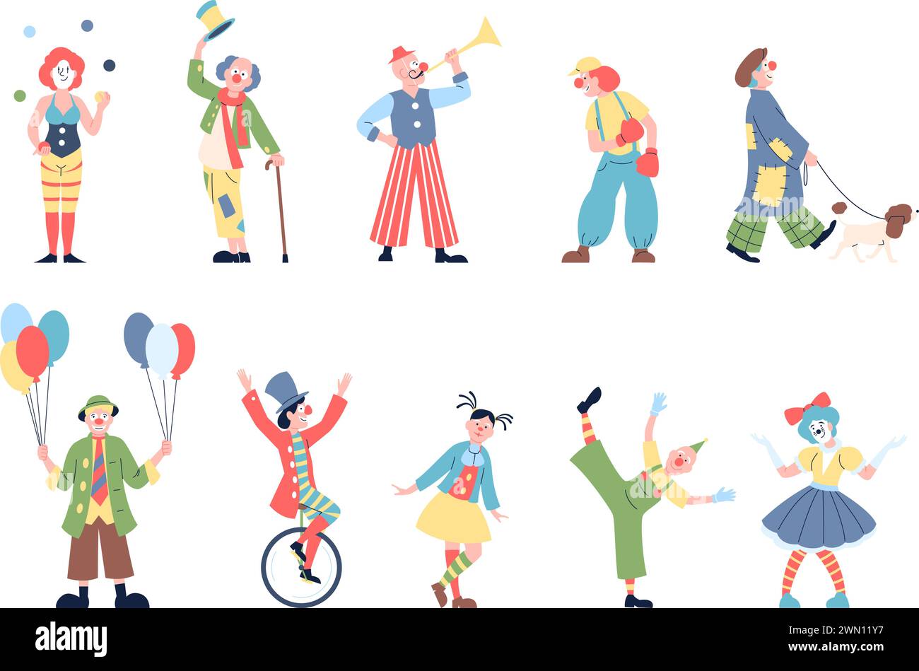 Clowns characters. Isolated flat funny clown. Circus or street ...