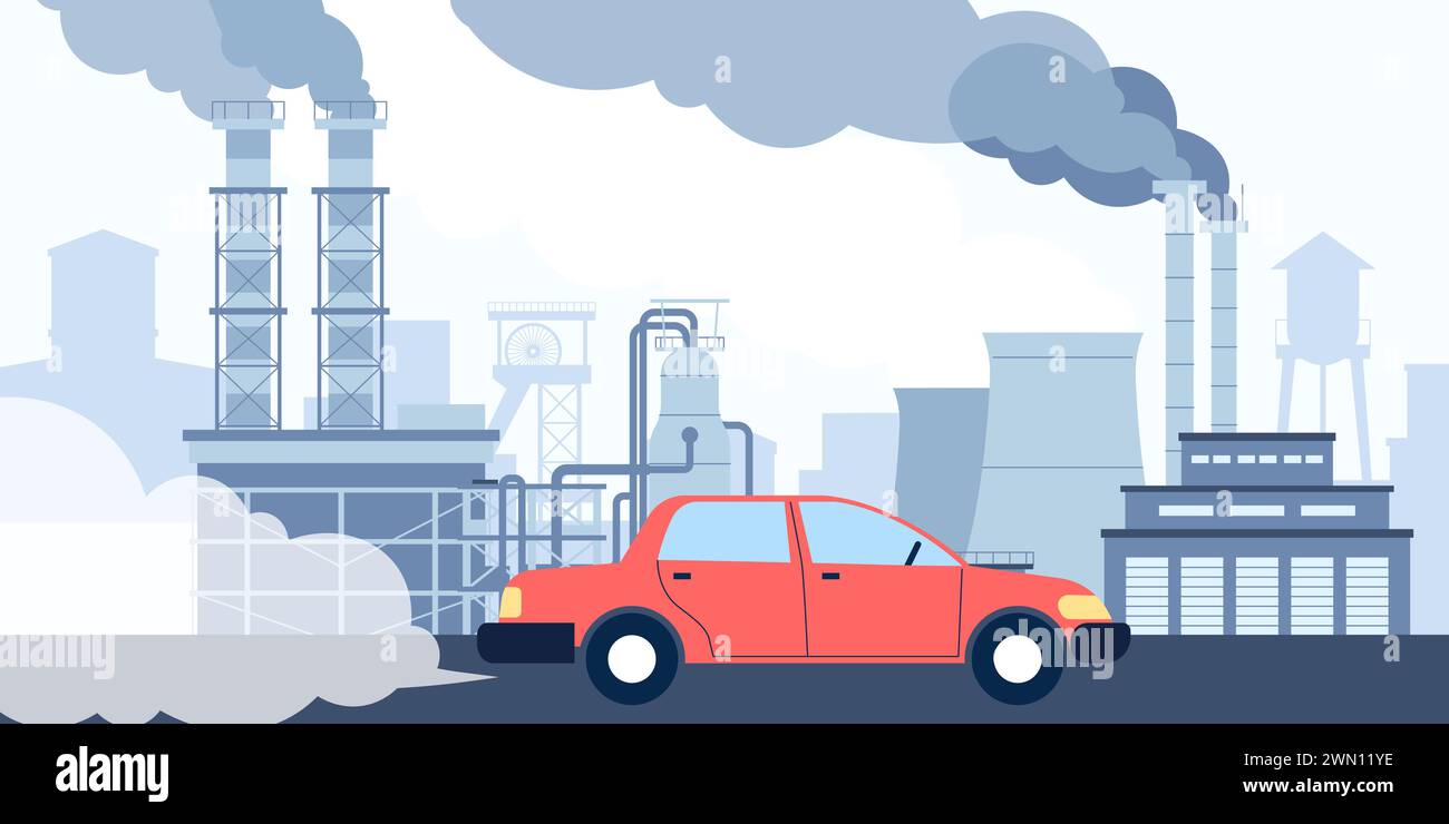 Car air pollution. Factories piles with smoke. Urban environmental ...