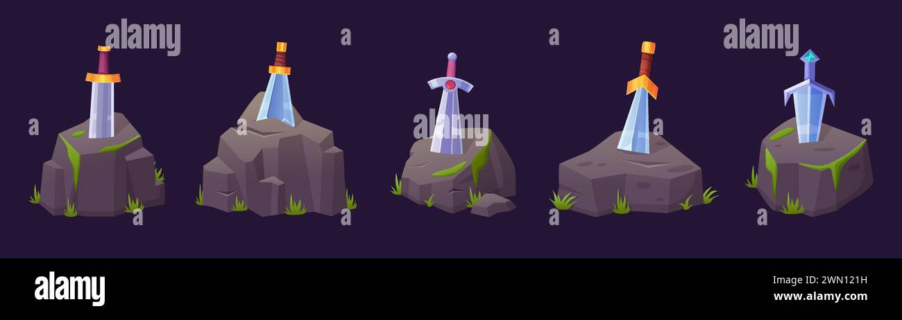 Cartoon sword in stone. Iron weapons stuck in stones, tale swords ...