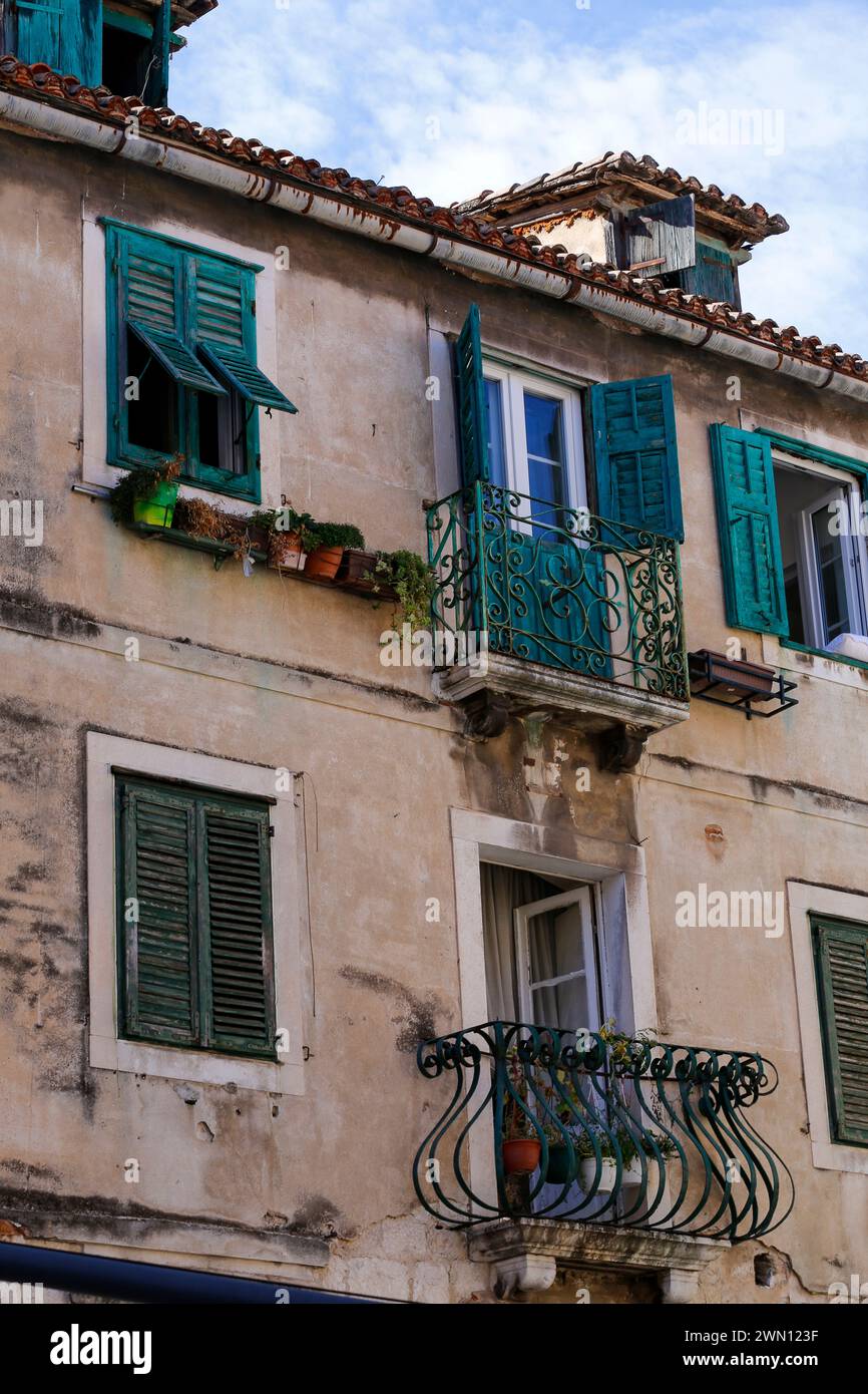 street view of the upper stories of stone medieval residential ...