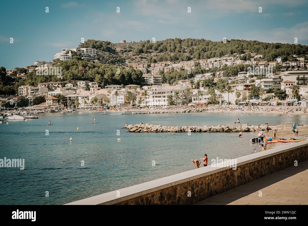 Soller, SPAIN - September 8, 2023. Sea front promenade on the shore of ...