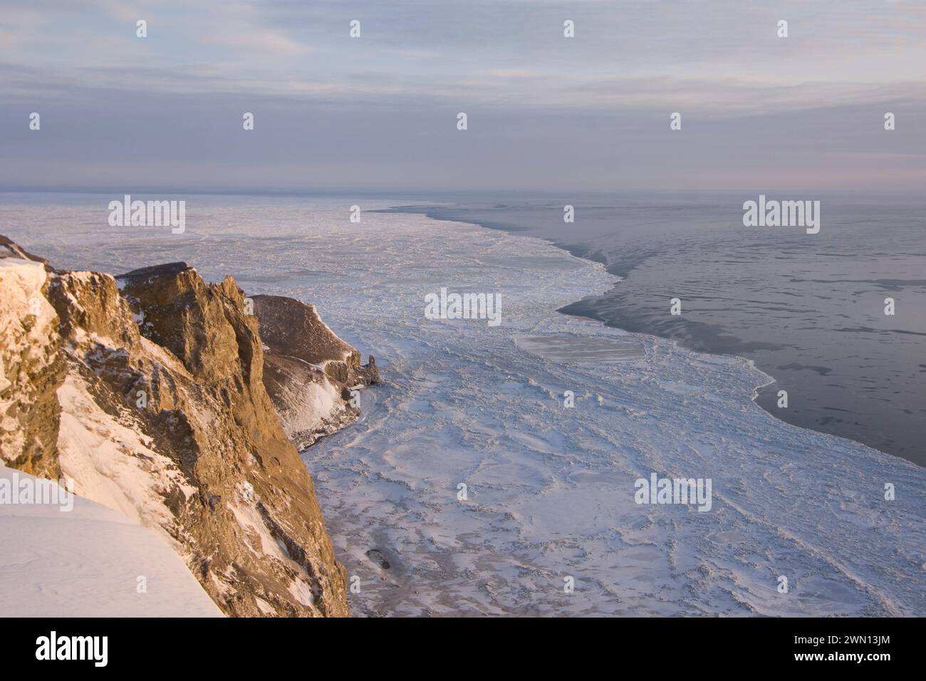 winter strange large open lead in march looking out at the Arctic ocean ...