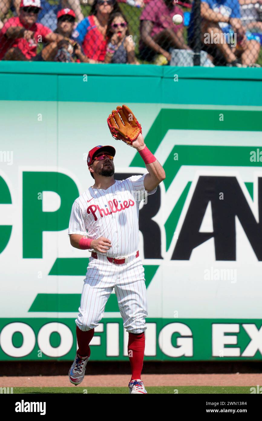 Philadelphia Phillies left fielder Kyle Schwarber catches a fly ball ...