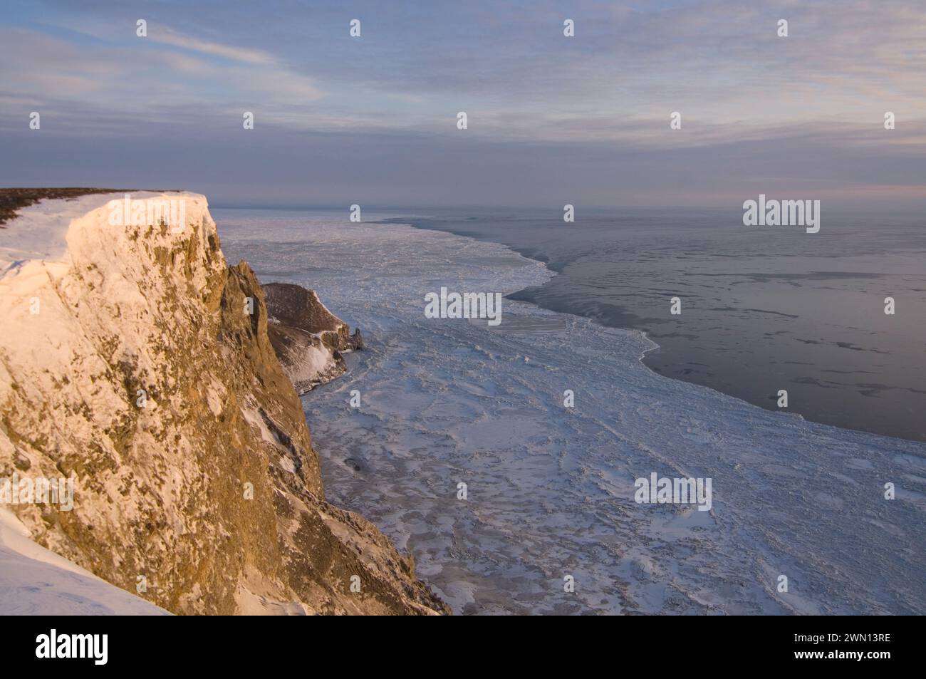 winter strange large open lead in march looking out at the Arctic ocean ...