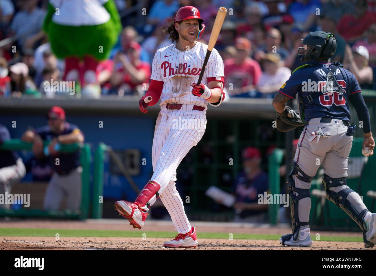 Philadelphia Phillies third baseman Alec Bohm reacts after striking out ...
