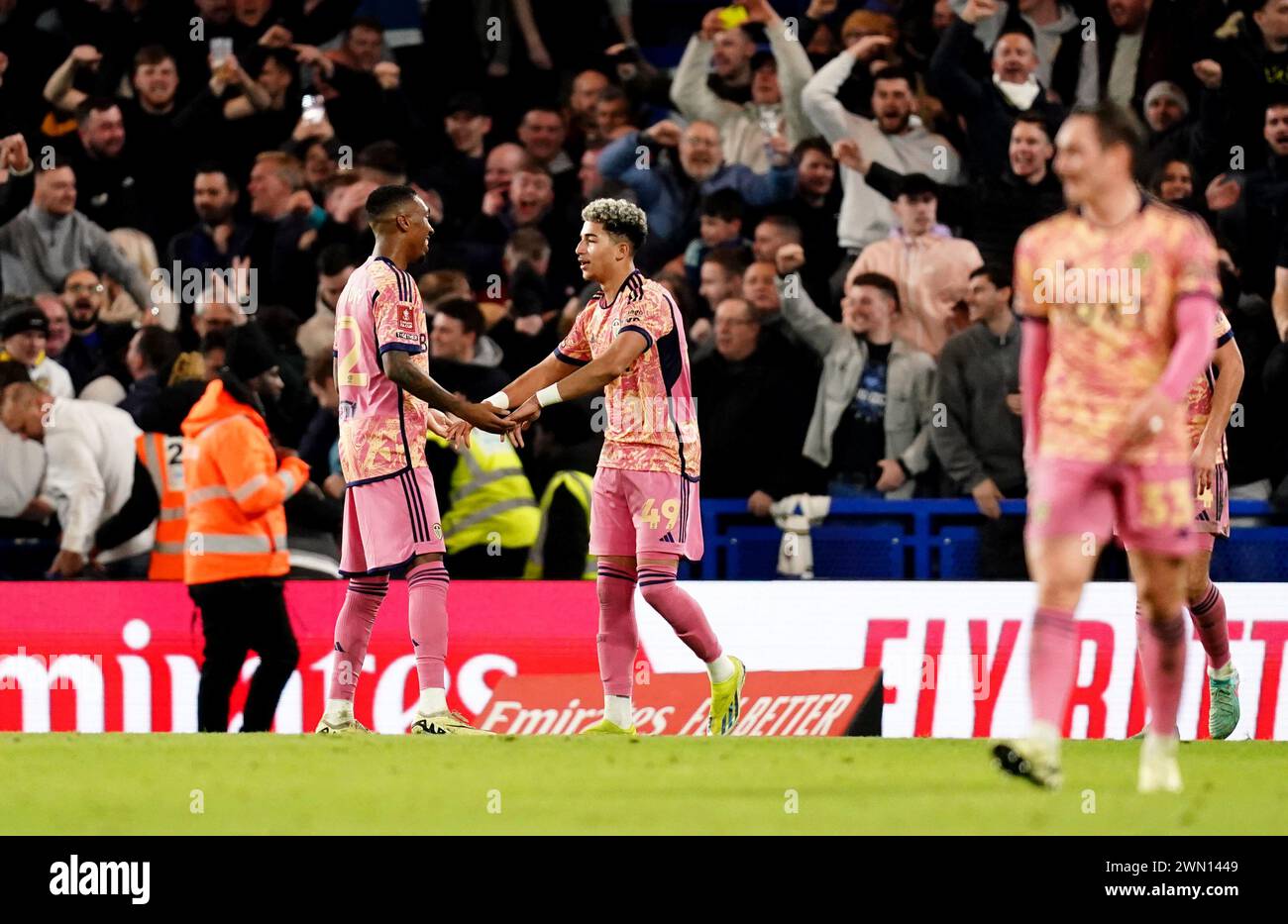 Leeds United's Mateo Joseph (centre) celebrates scoring his sides ...