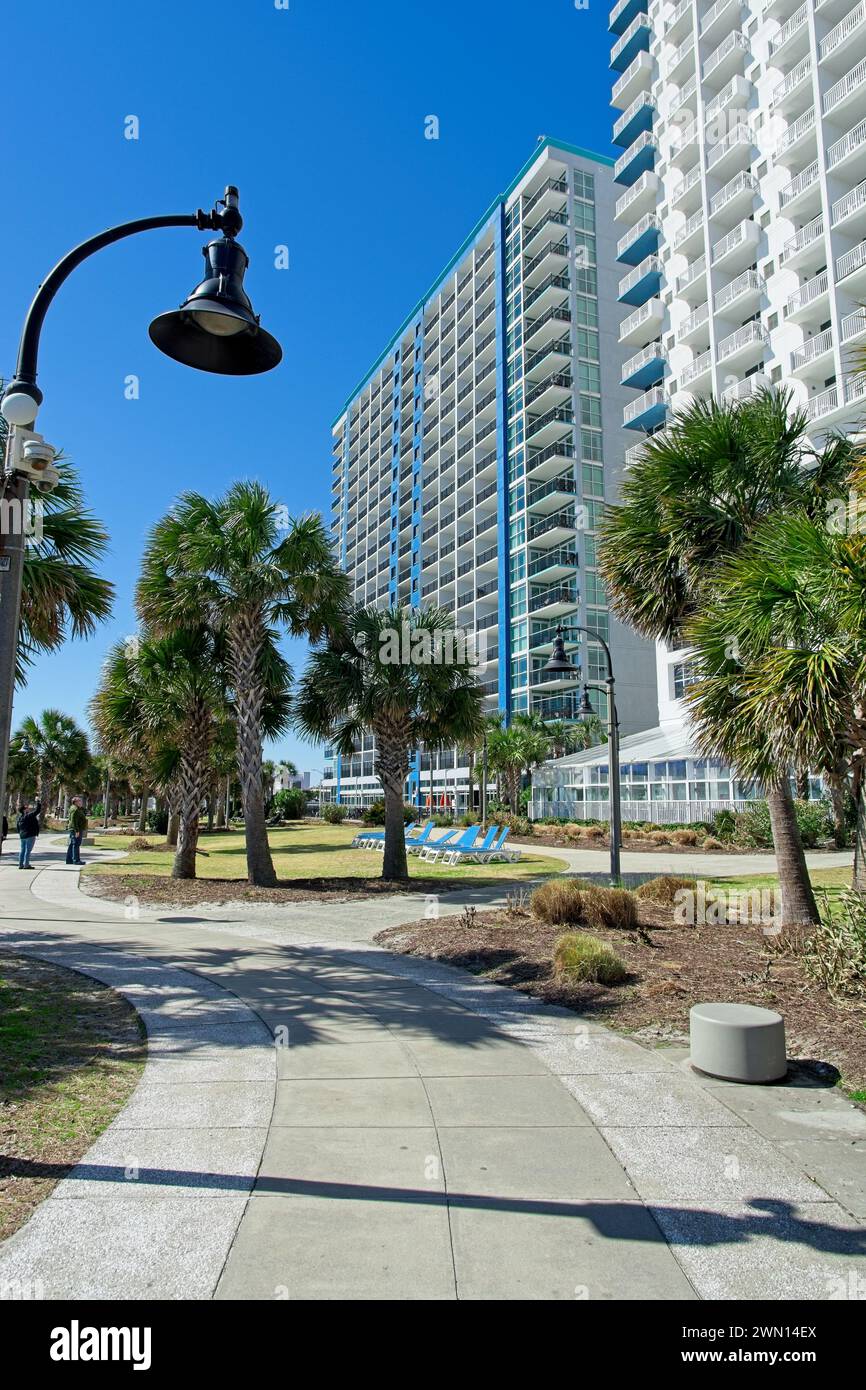 Promenade walkway before high-rise hotels at Myrtle Beach, South ...