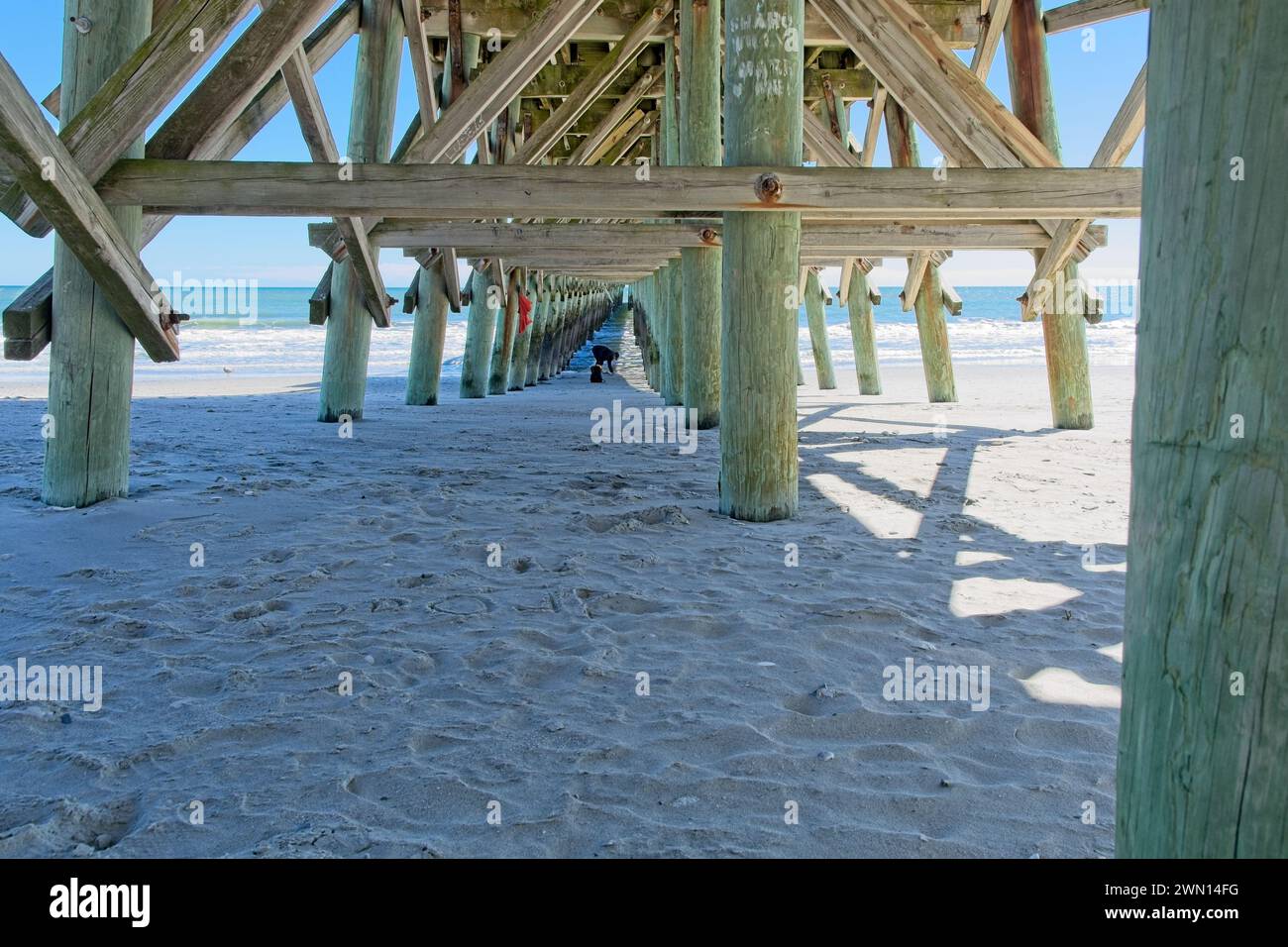 Beachcomber under wood trestle pier on beach — Myrtle Beach, South ...