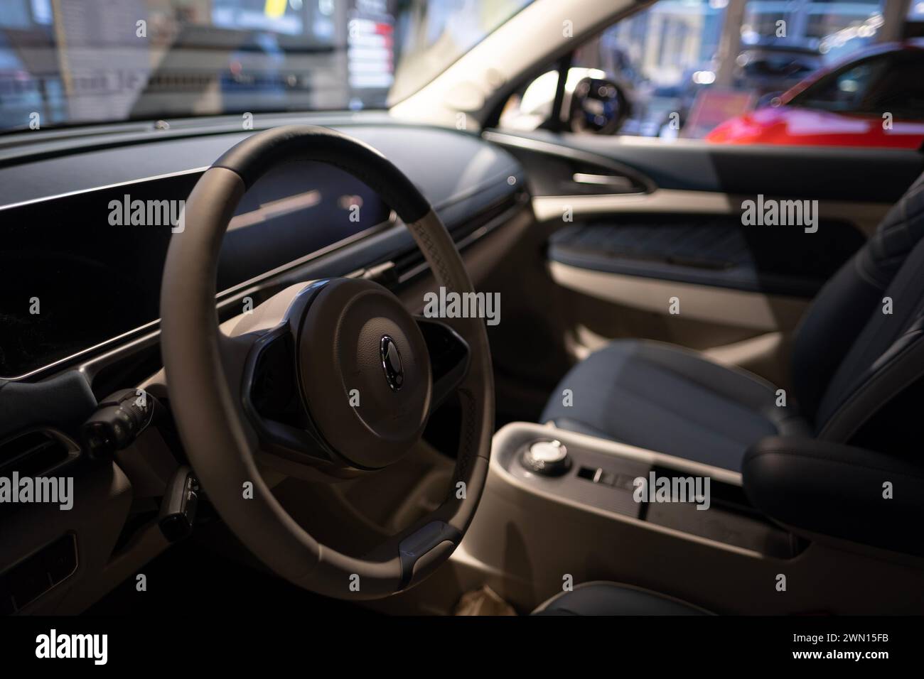 Interior, cockpit electric car Ora Good Cat in showroom, EV Great Wall ...