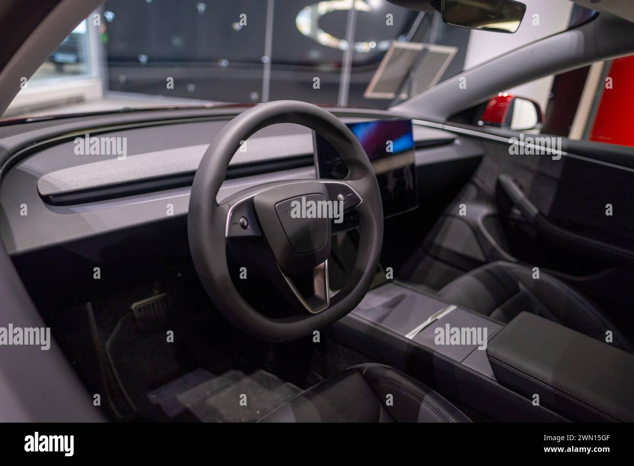 Interior new Tesla Model 3 electric car, steering wheel, dashboard ...