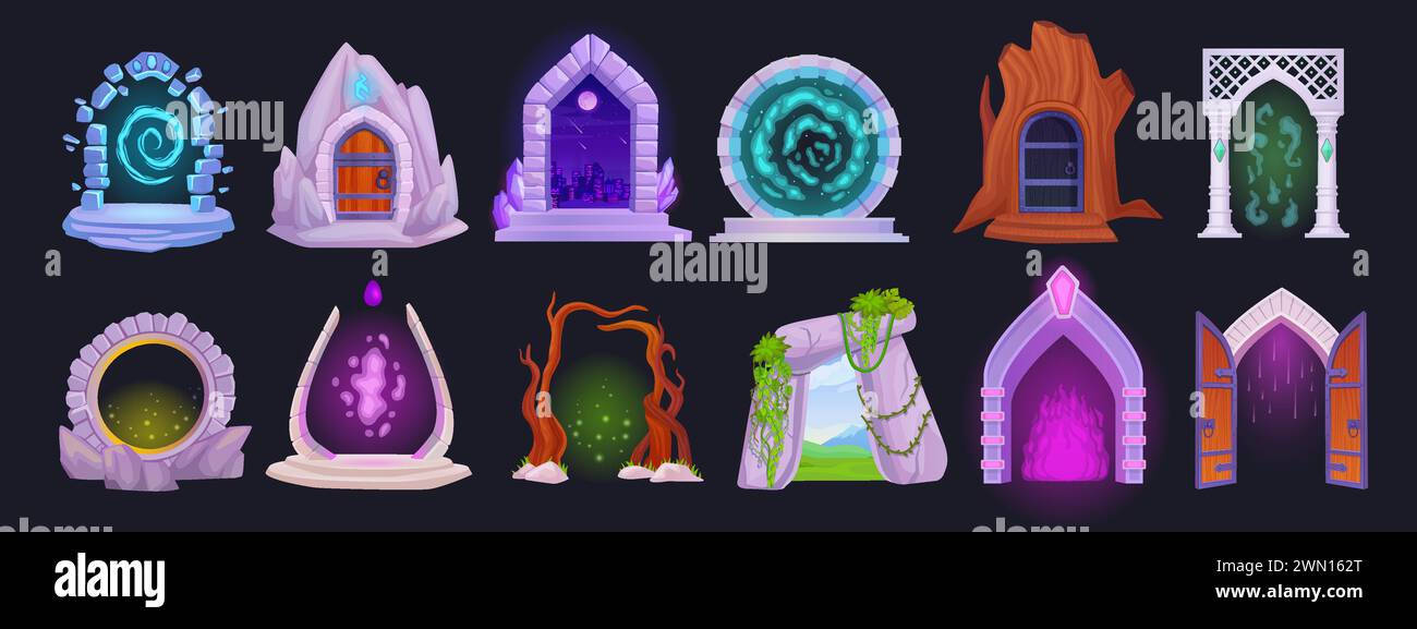 Cartoon magic gate. Game magical doors, mysterious forest entrance ...