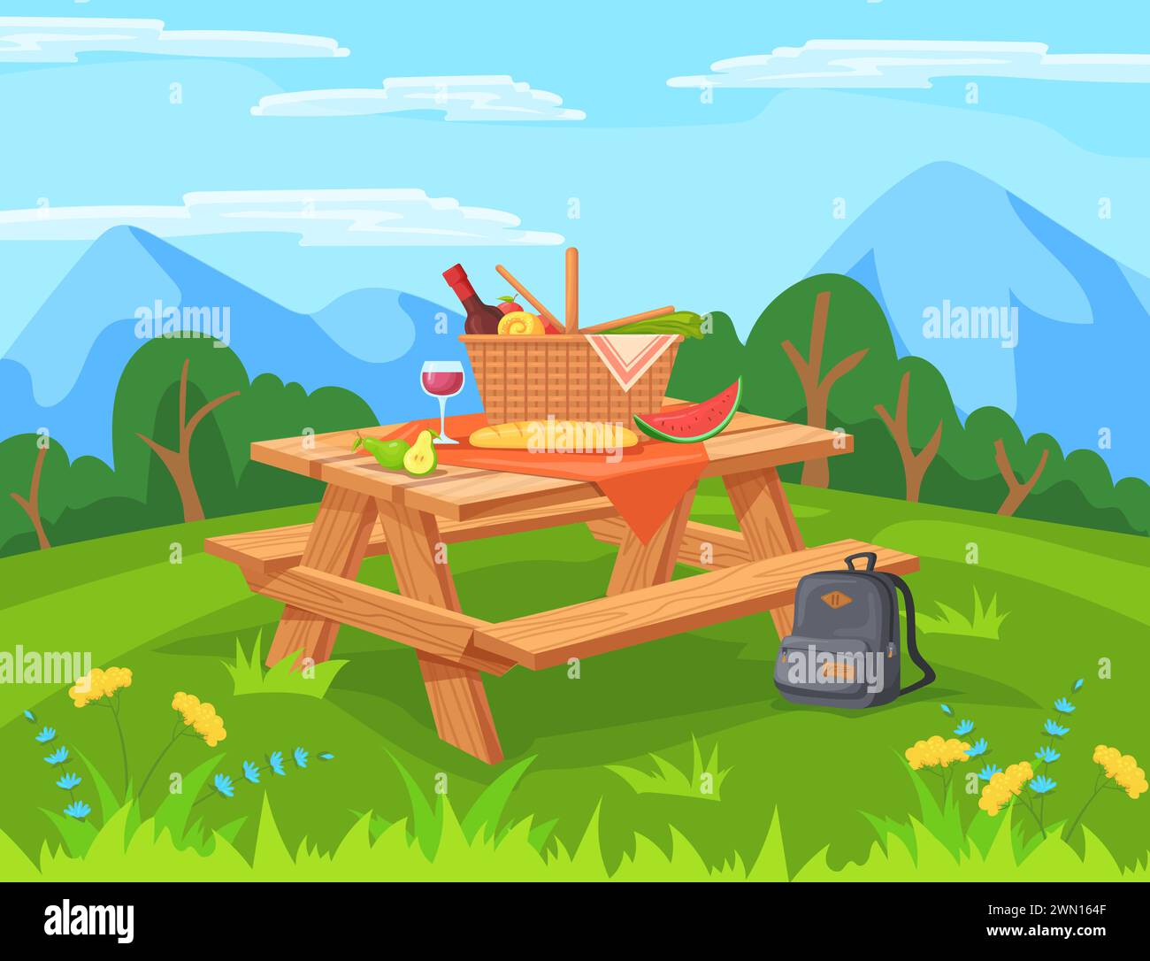 Picnic table landscape. Spring barbecue or summer vacation outdoor ...