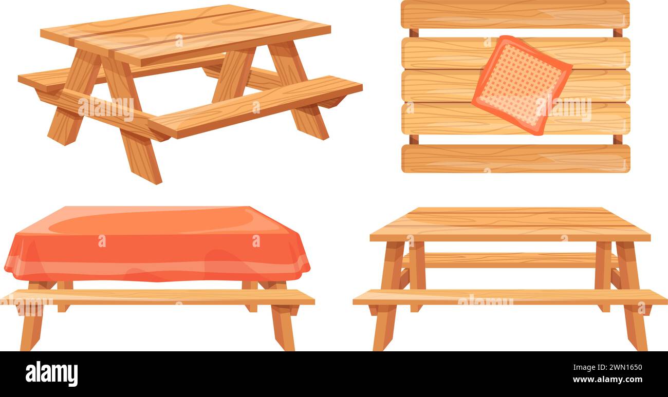 Wooden picnic table. Cartoon wood garden tables tablecloth and benches ...