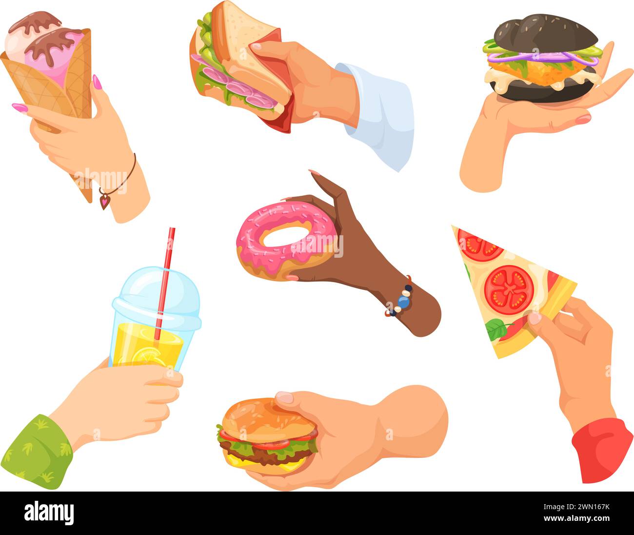Hands holding fast food. Fat hand hold burger, hamburger pizza piece ...