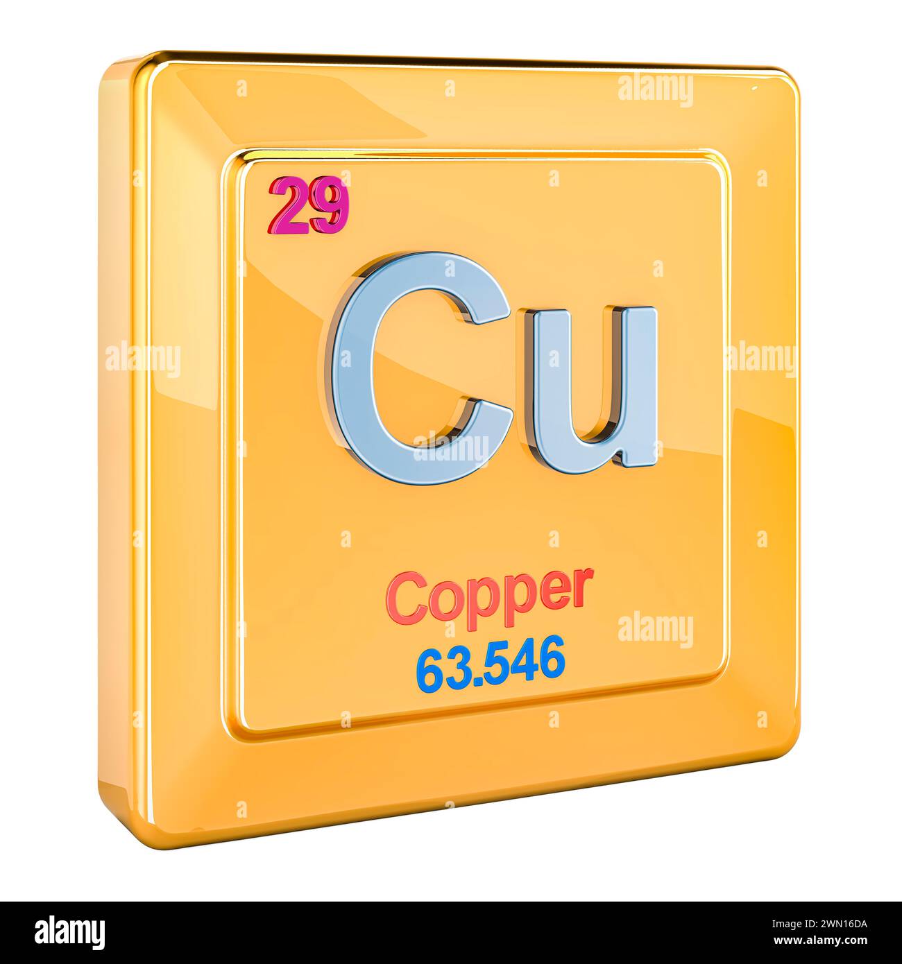 Copper Cu, chemical element sign with number 29 in periodic table. 3D ...