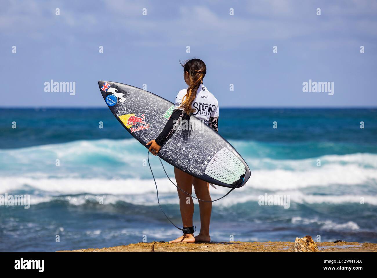 Sky Brown of Great Britain holds her board on La Marginal beach before ...