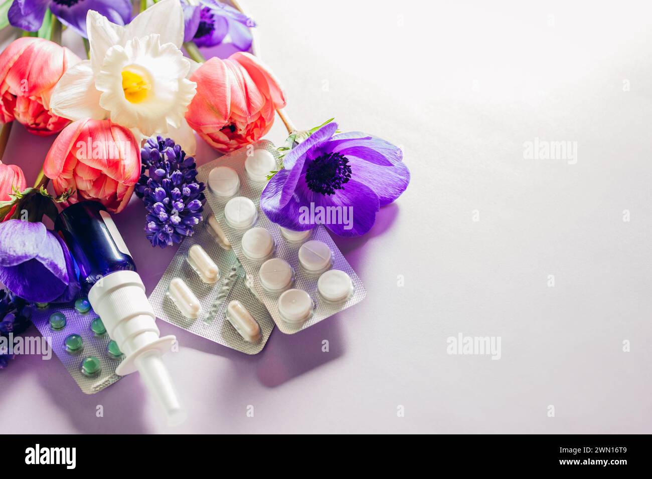 Seasonal spring allergy. Antihistamine pills and nasal spray flat lay ...