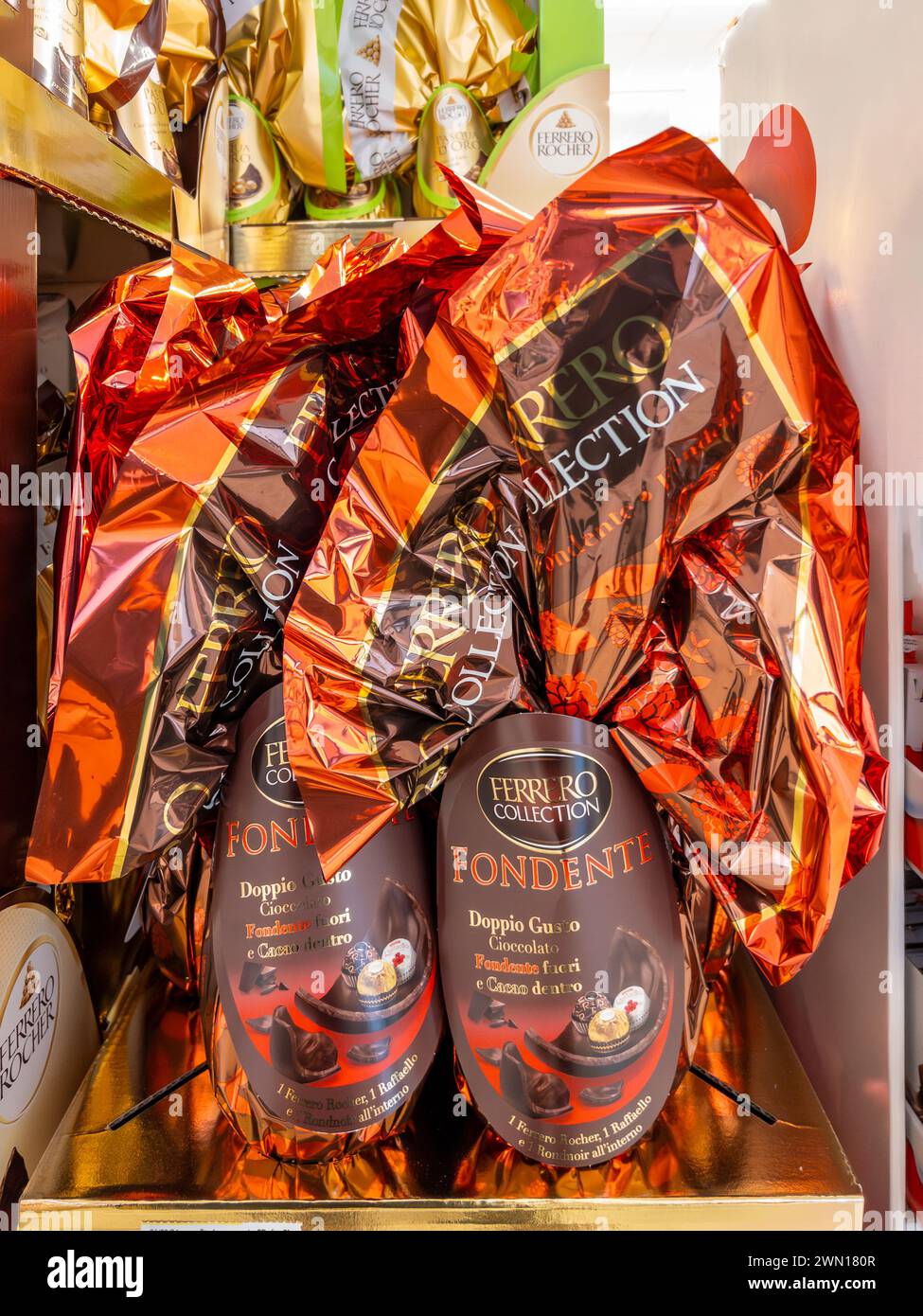 Alba, Italy - February 27, 2024: Ferrero Collection easter egg dark ...