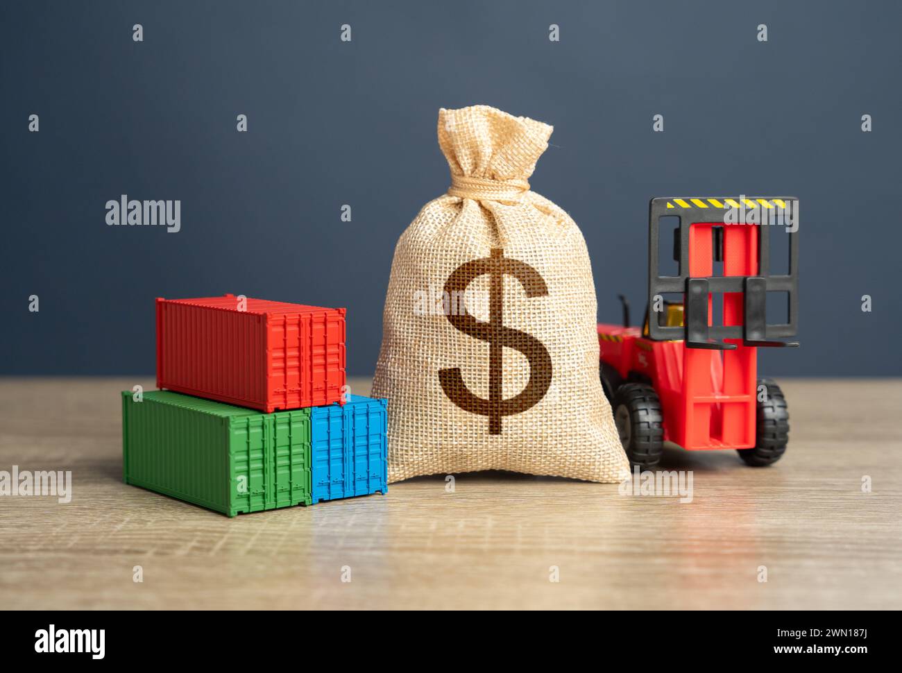 Forklift with shipping containers and dollar money bag. Tariffs and tax ...