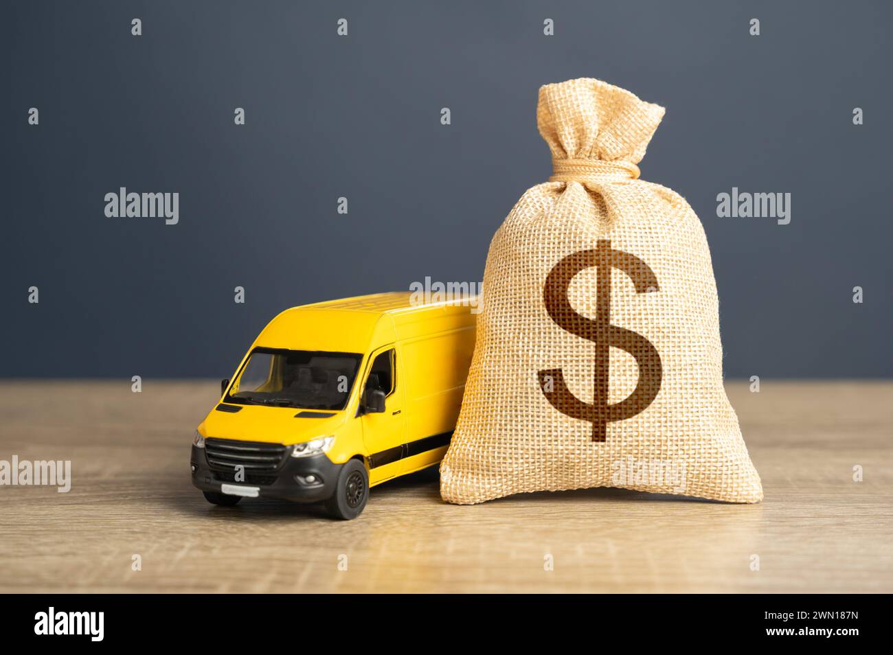 Delivery van and dollar money bag. Supply chain resilience. Invest in ...