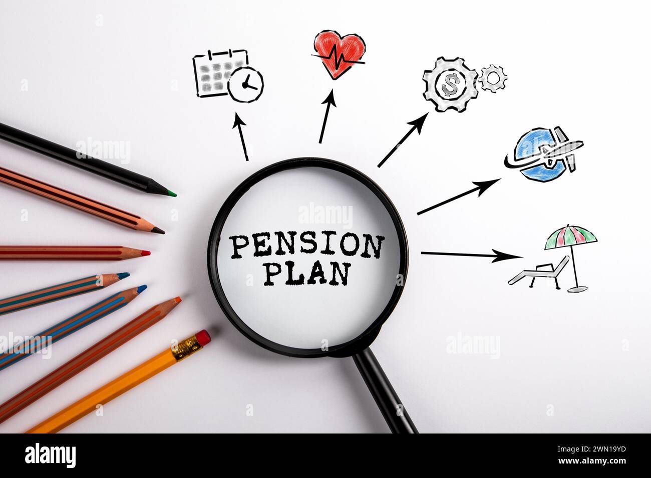 PENSION PLAN. Black magnifying glass on a white background Stock Photo ...