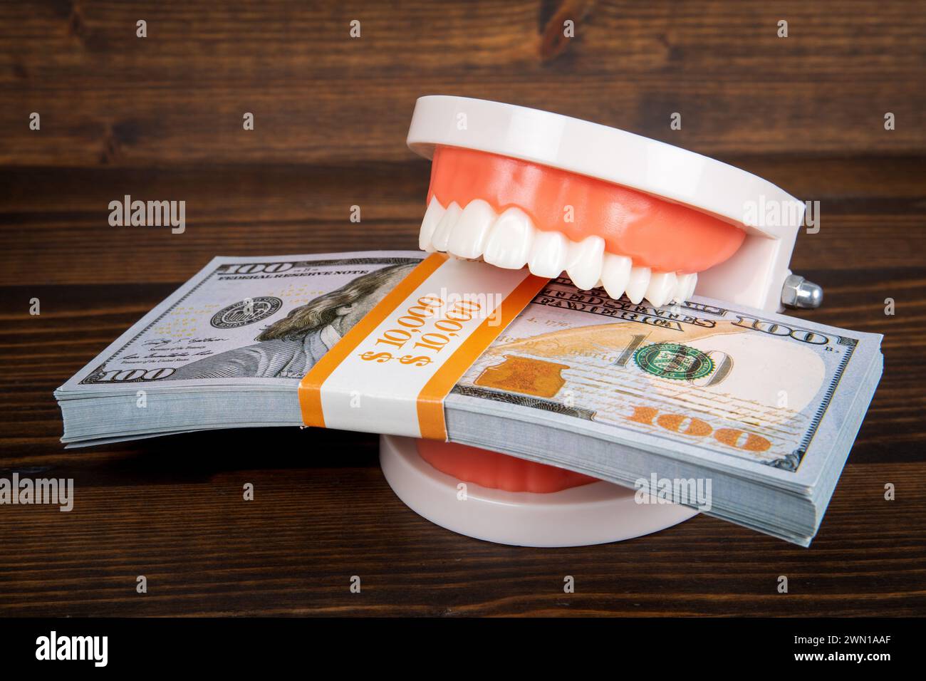 Packet of dollar banknotes between the teeth, dental costs concept ...
