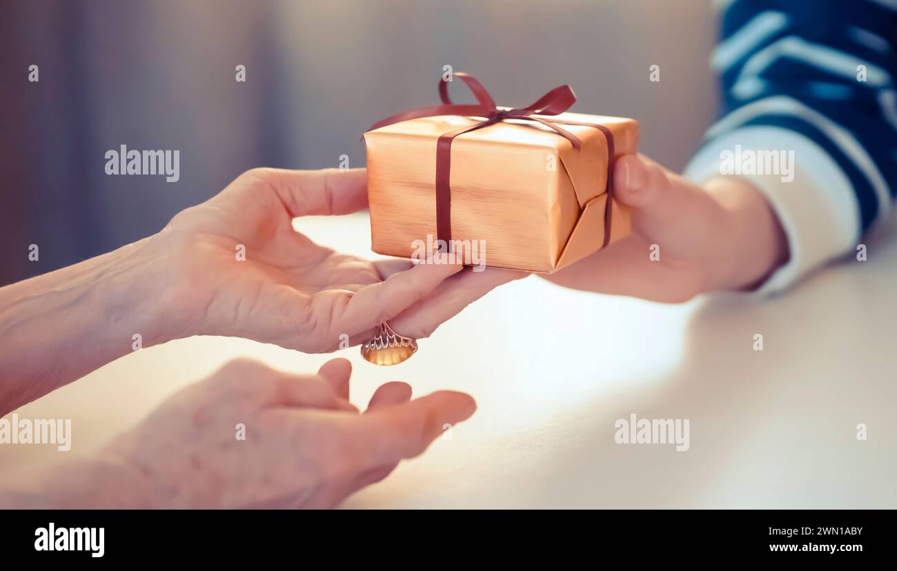 Female hands hold and give a nice packed gift Stock Photo - Alamy