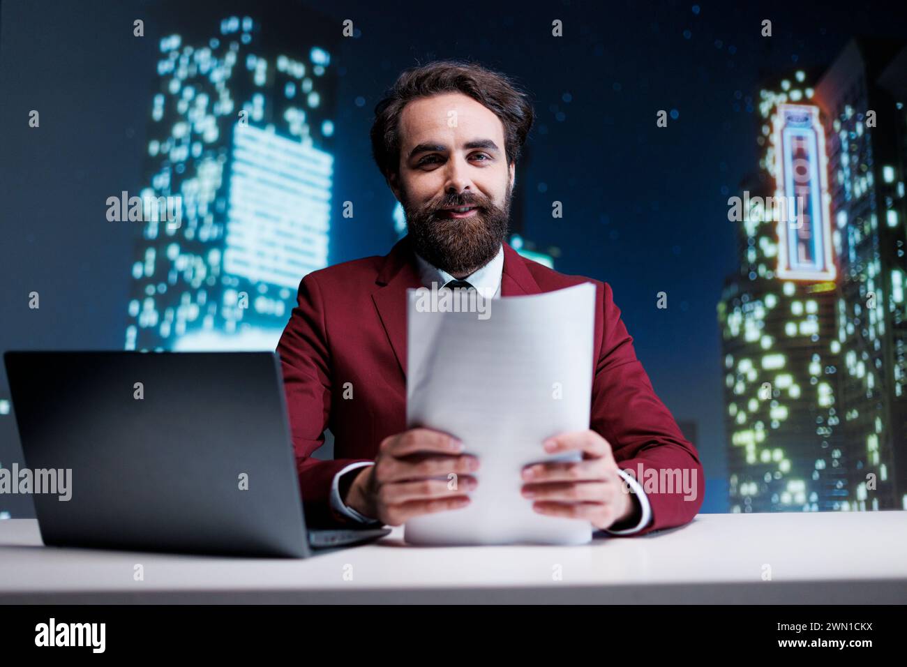 Newscaster talking about daily news live on television, broadcasting ...