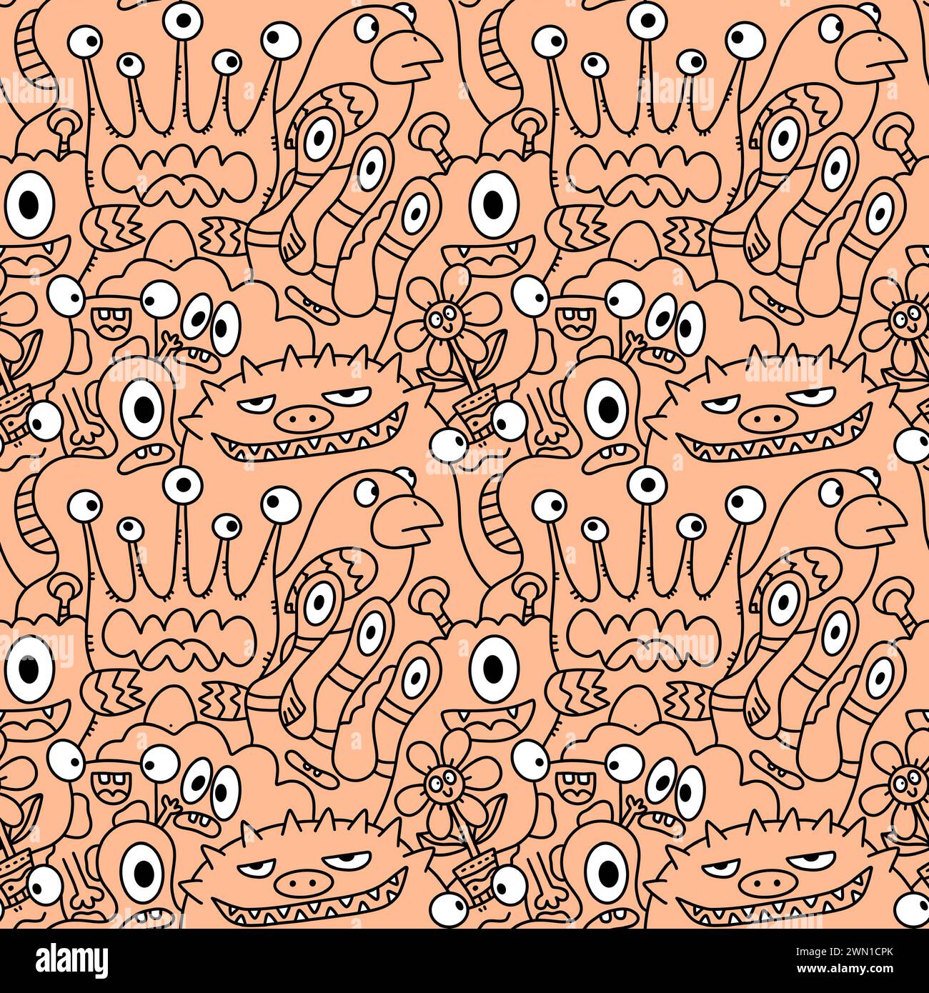 Cartoon monsters seamless funny aliens and rabbit and cactus and flower ...