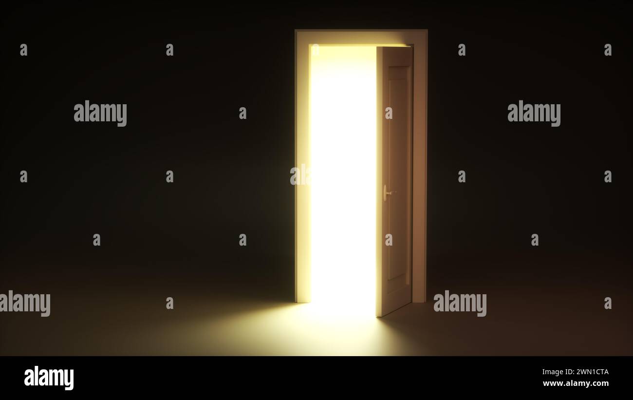 Light shines from a doorway in a dark room. Fills the space with bright ...