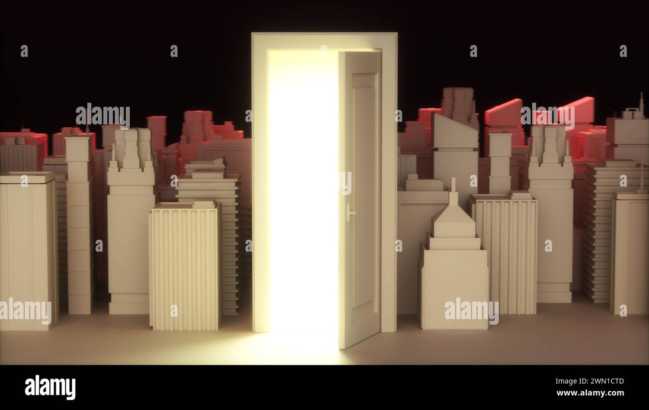 Light spills from the doorway, illuminating the path to the city beyond ...