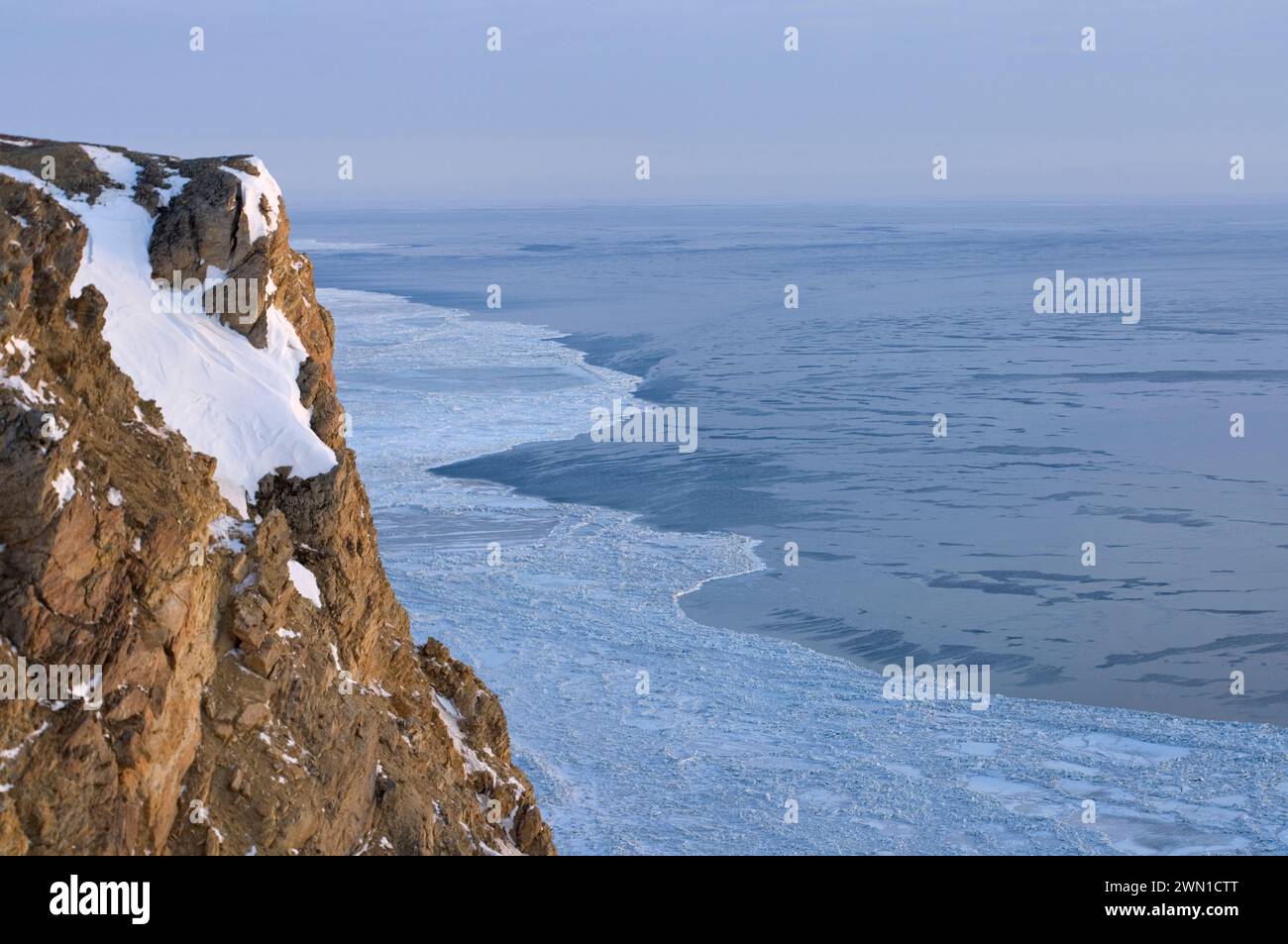 winter strange large open lead in march looking out at the Arctic ocean ...