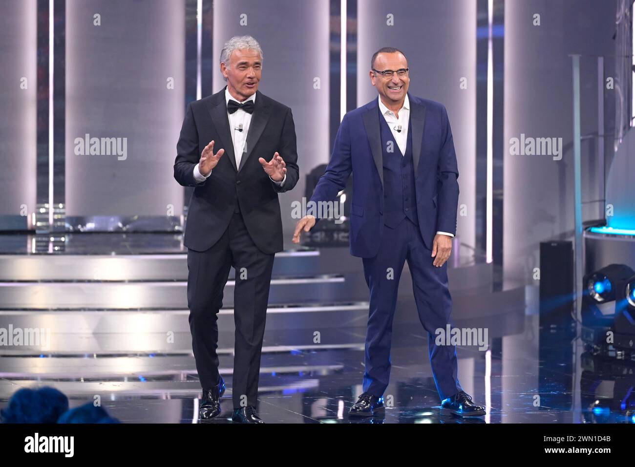 Rome, Italy. 20th Feb, 2024. Massimo Giletti (l) and Carlo Conti (r) attend the Rai tv program ...