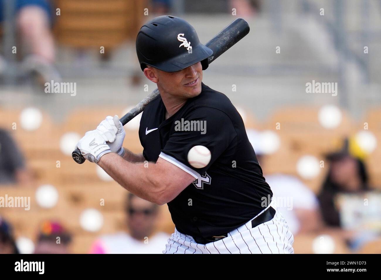 Chicago White Sox designated hitter Max Stassi is hit by a pitch from ...