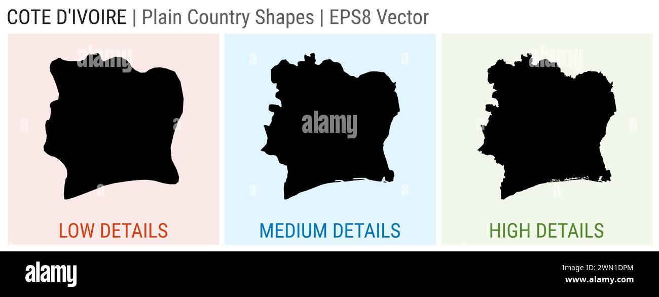 Ivory Coast - plain country shape. Low, medium and high detailed maps of Ivory Coast. EPS8 ...
