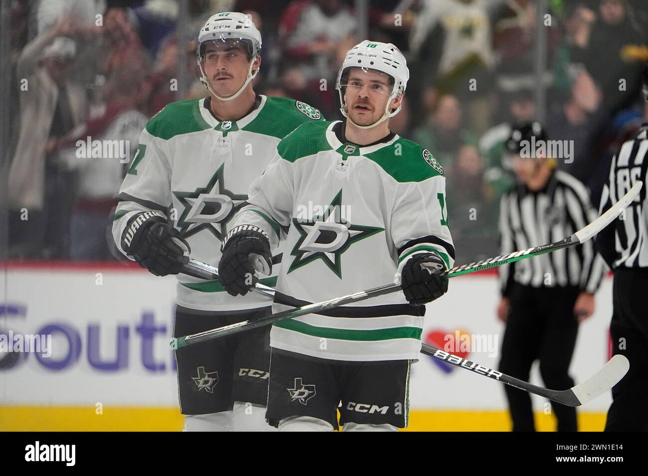 Dallas Stars center Sam Steel (18) and Dallas Stars left wing Mason ...